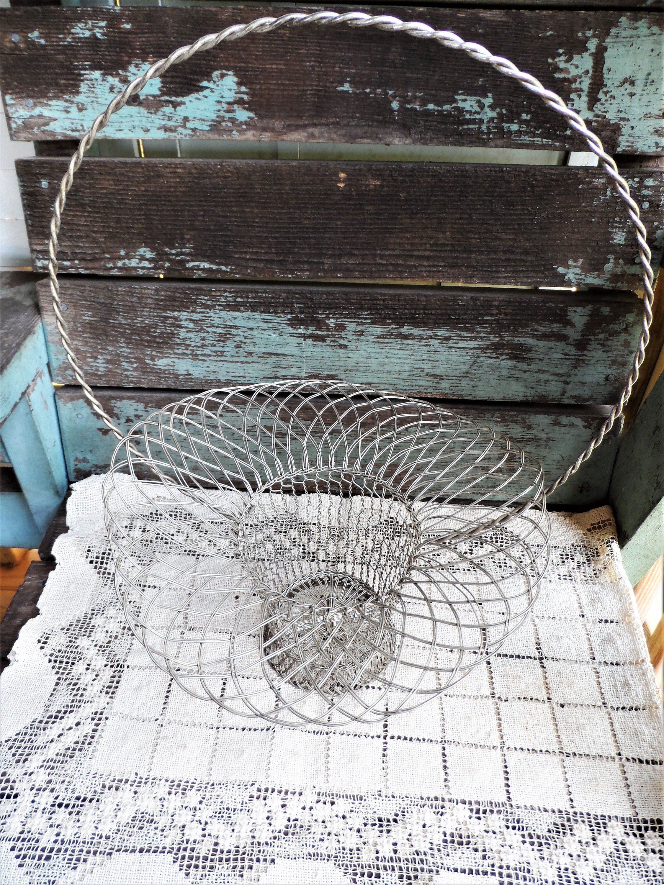 Vintage French Wire Basket Rustic Farmhouse Egg Flower Basket Silver ...