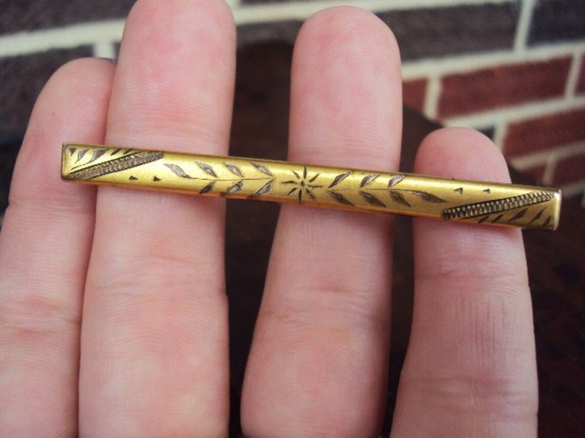 Antique Gold Filled Bar Pin Brooch Gilded Gilt and Engraving | Etsy