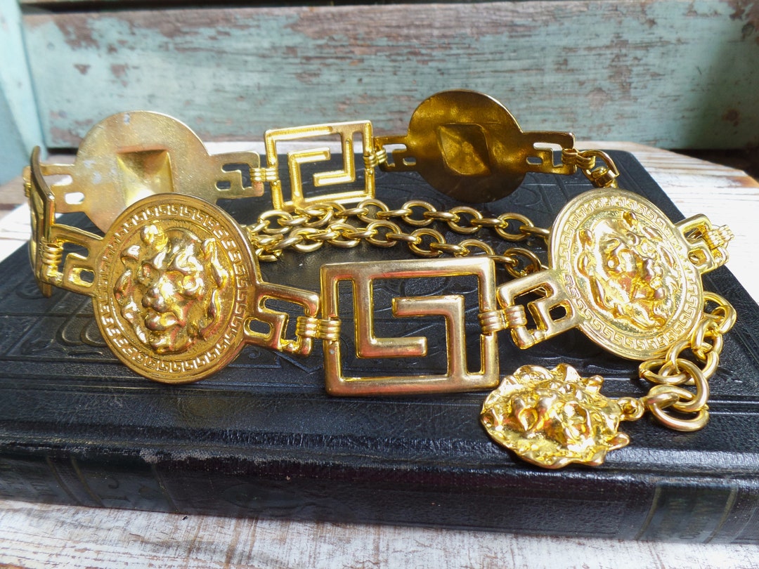 Vintage Lion Head Medallion Chain Belt, Gold Metal Chunky Belt, Accent ...