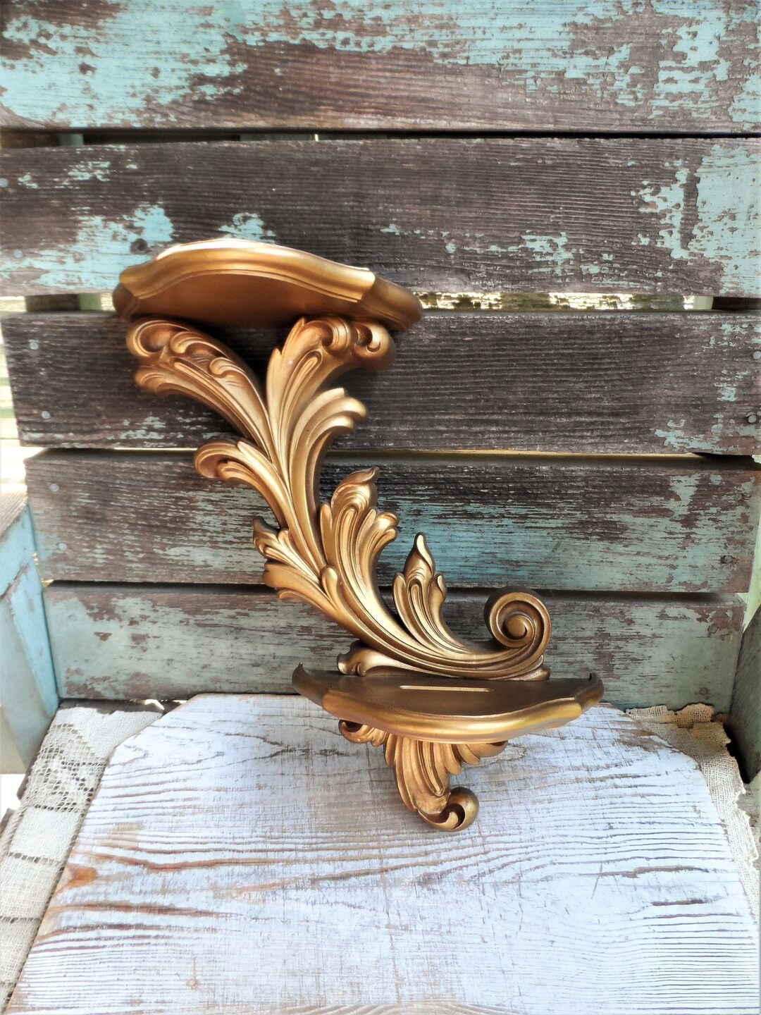 Vintage French Country Shelf Double Shelves Ornate Baroque Antique Gold ...