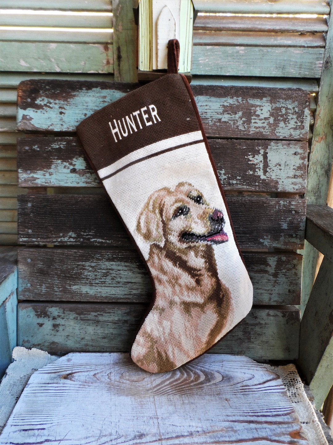 Vintage Labrador Retriever Needlepoint Christmas Stocking Blonde Lab ...