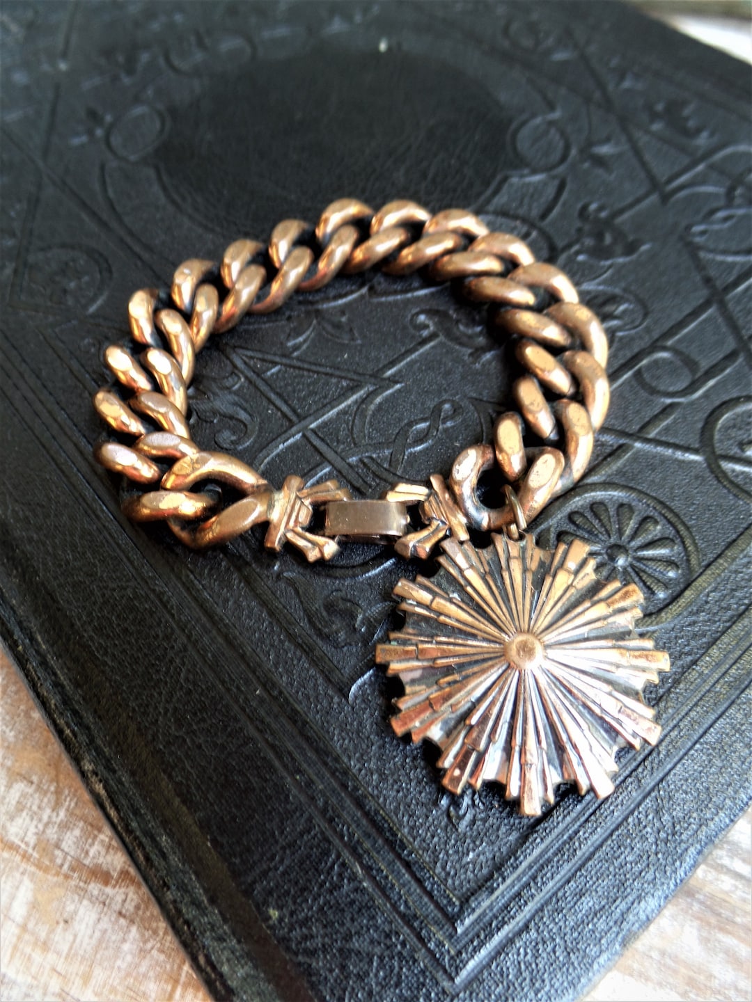 Vintage Solid Copper Bracelet With Medallion Charm, Copper Curb Chain ...