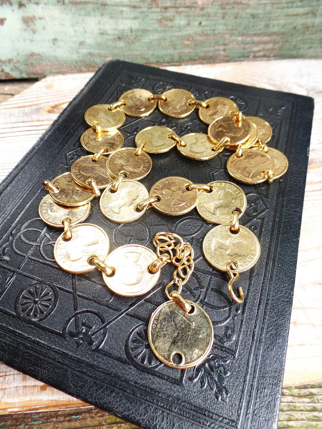 Vintage Queen Elizabeth Coin Chain Belt, British Coin Belt, Cinch Belt ...