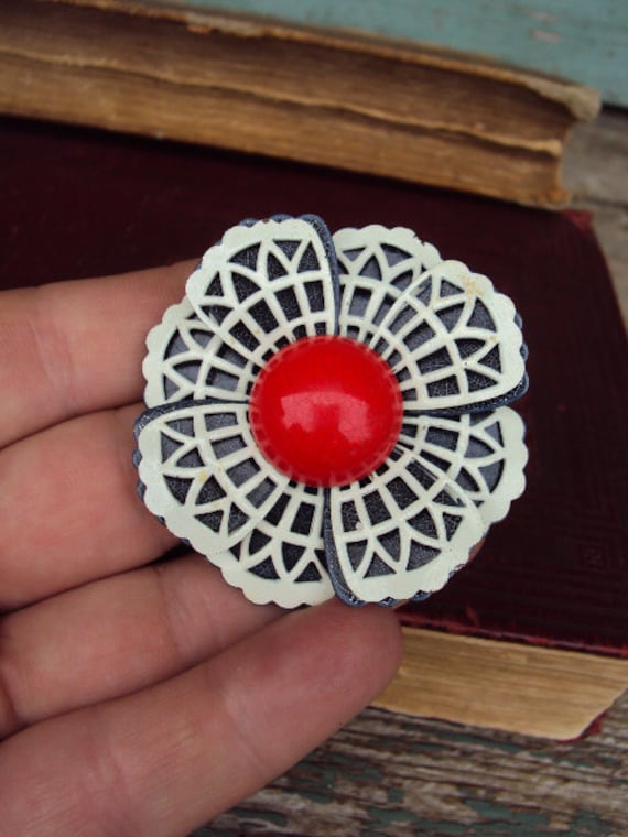 Vintage Metal flower Brooch Painted enamel Red White and Blue | Etsy