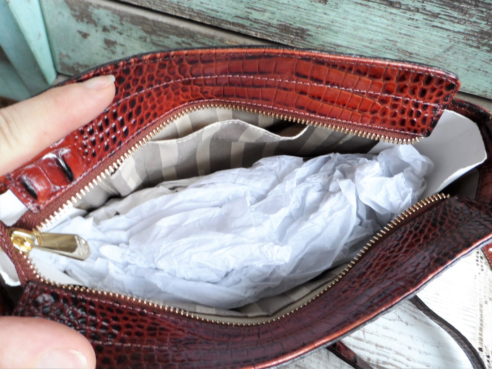 Pecan Brahmin Purse Handbag Embossed Leather Alligator Print Brass ...