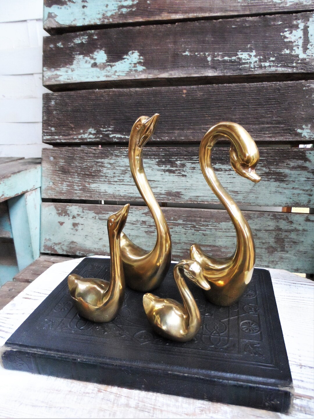 Vintage Brass Swan Set Family of Swans Mod Modernist Brass Statue Solid ...