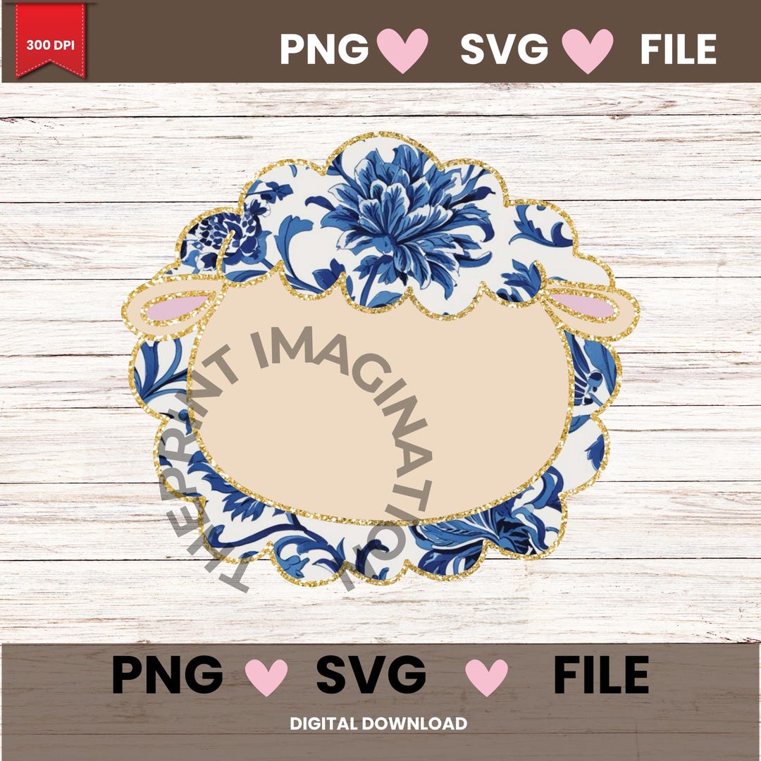 Blue Floral Sheep Frame PNG | Gold Glitter Farm Animal Sublimation ...