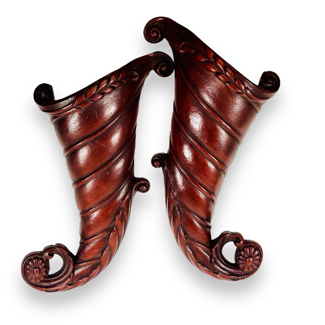 SYROCO Cornucopia Horn Pair Vintage Wall Pocket Sconces Wood Resin Mid ...