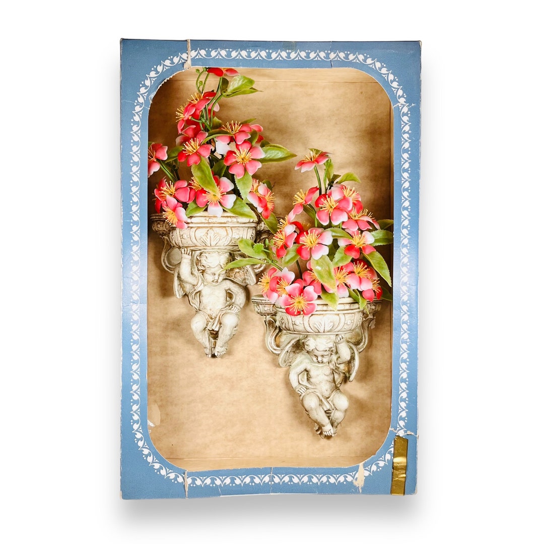 Vintage Kitsch Angel Cherub Sculpture Wall Pocket Set of 2 With Pink ...