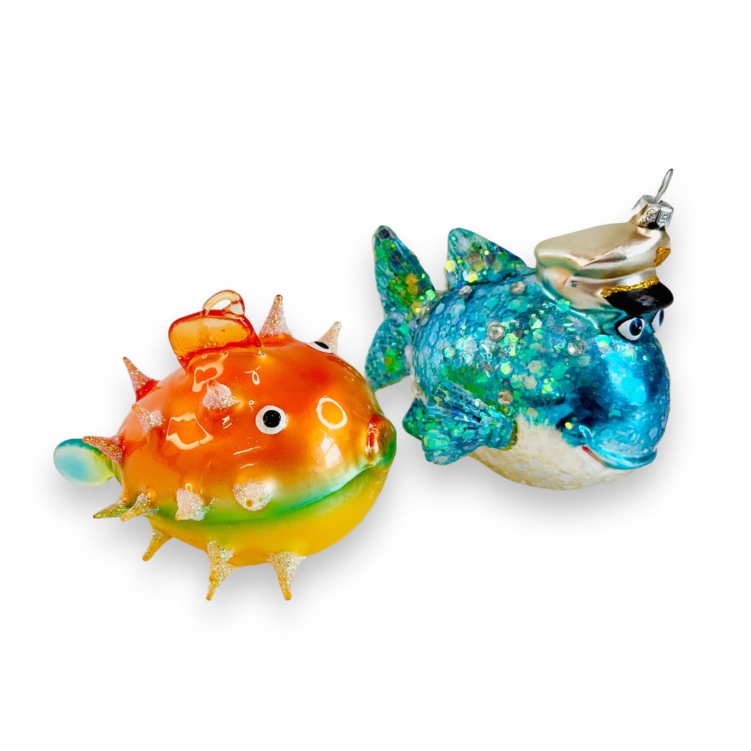 Whimsical Blown Glass Fish With Captains Hat & Spiked Puffer Fish ...