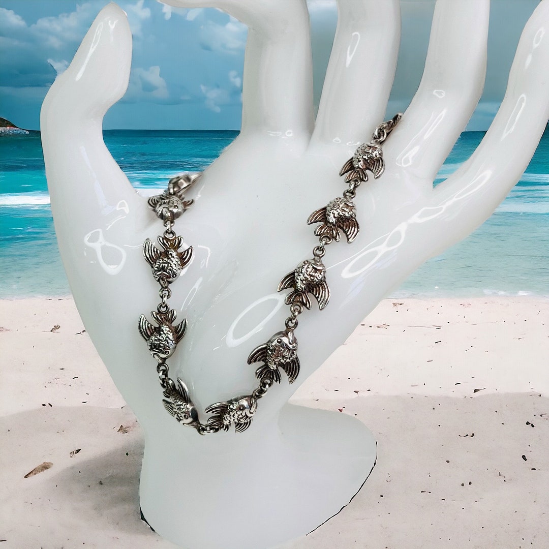 Vintage Sterling Silver Angelfish Fish Link Wrist or Ankle Bracelet 9.5 ...