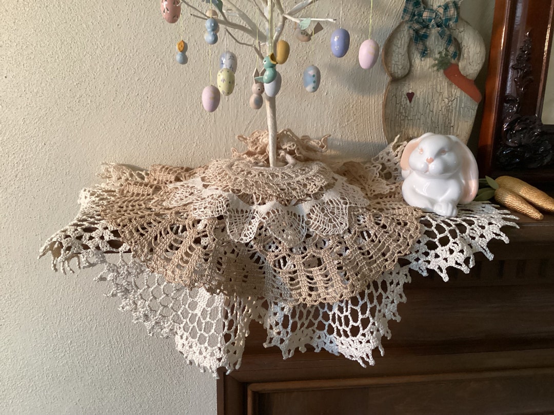 Vintage Doily Small Tree Skirt, Tabletop, Dark Ivory and Ecru Cotton ...