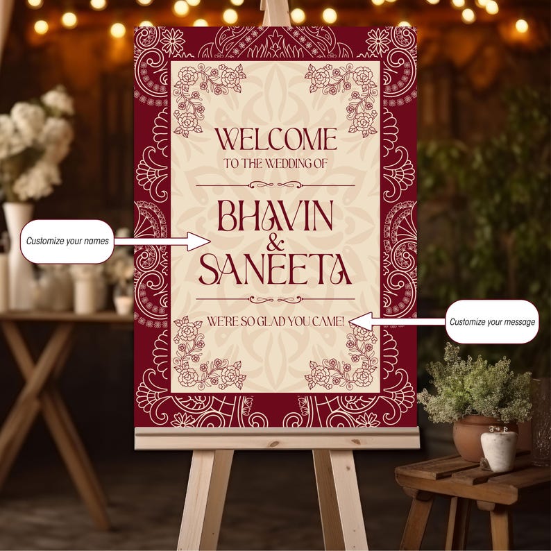 Personalised Royal Indian-style Welcome Sign | Burgundy | Cream ...