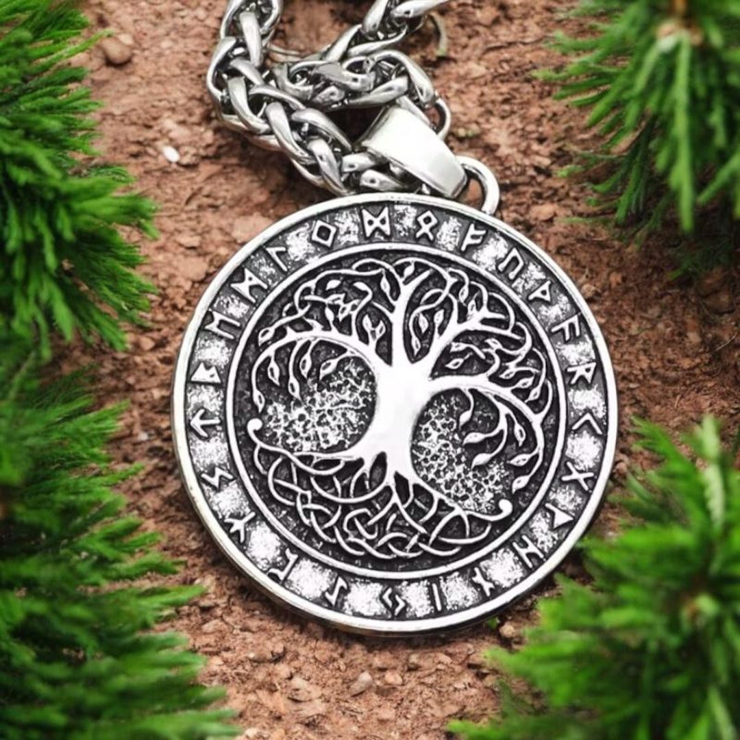 Viking Necklace Runes Tree of Life Pendant Retro 316L Stainless Steel ...