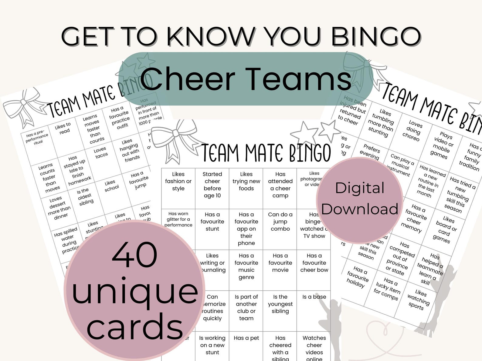 Ice Breaker Bingo for Cheer Team Games - 40 Unique Cards - Cheer Team ...