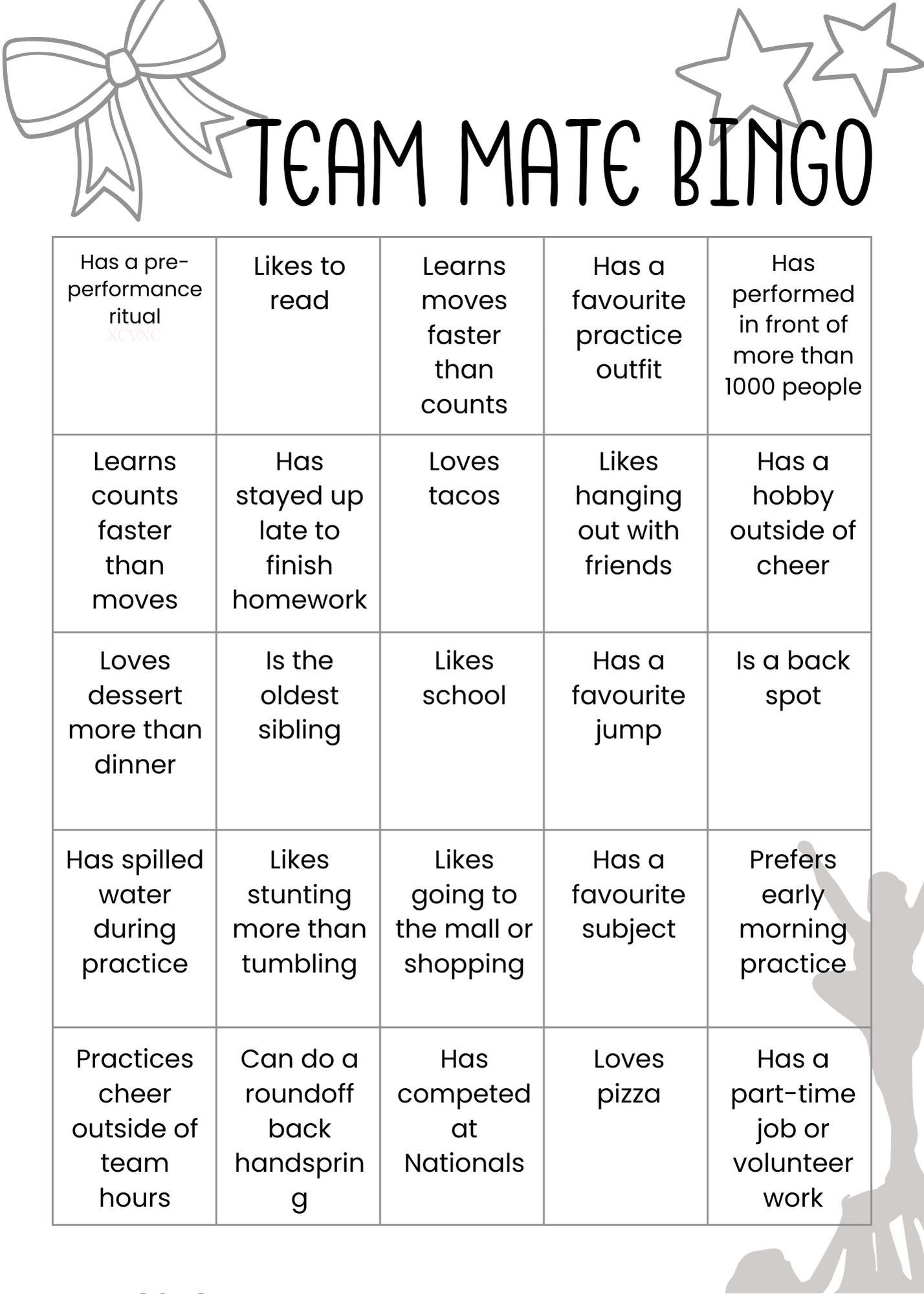 Ice Breaker Bingo for Cheer Team Games - 40 Unique Cards - Cheer Team ...