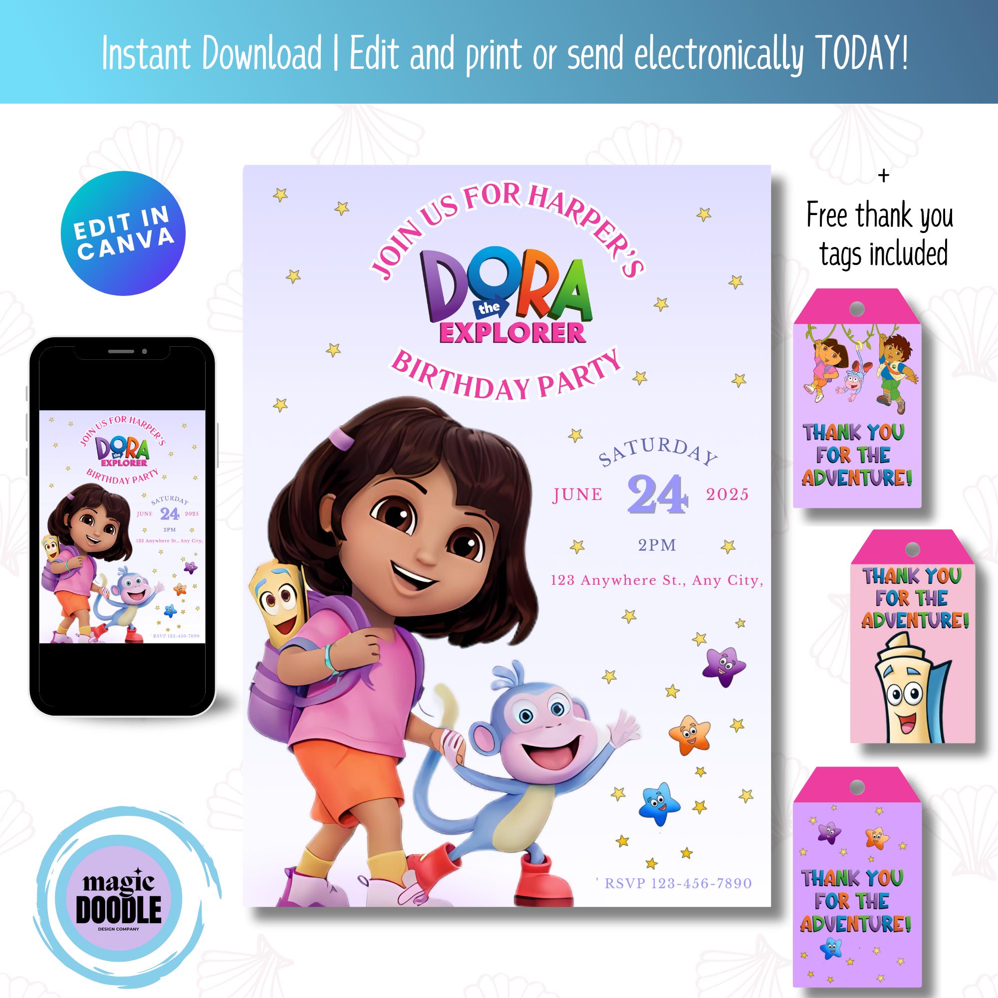 Editable Dora the Explorer Birthday Invitation Bundle Thank You Tags ...