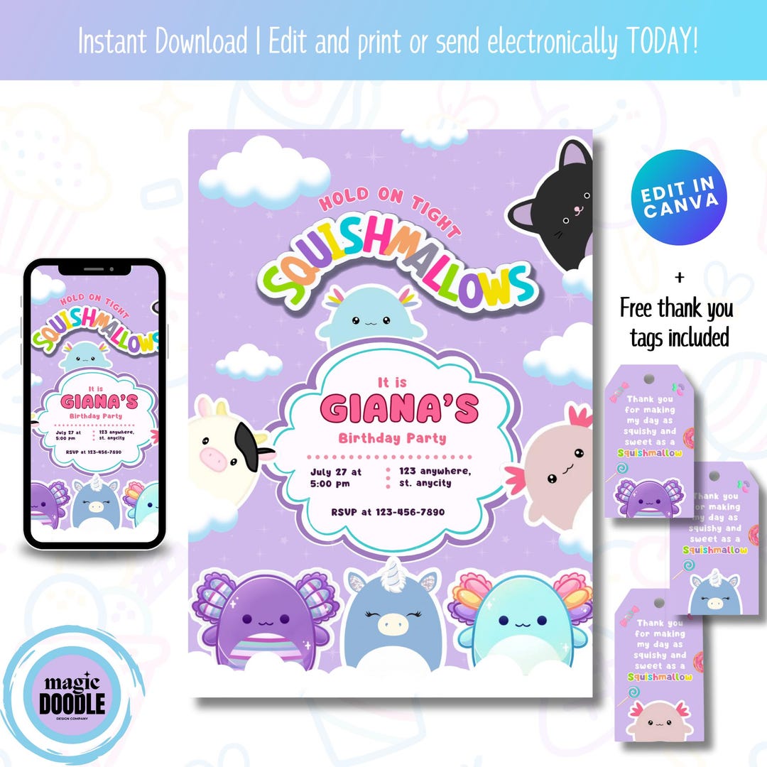Squishmallow Themed Digital Birthday Invitation MEGA Bundle for Kids ...