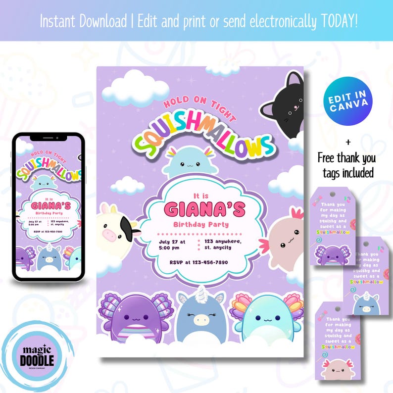 Squishmallow Themed Digital Birthday Invitation MEGA Bundle for Kids ...