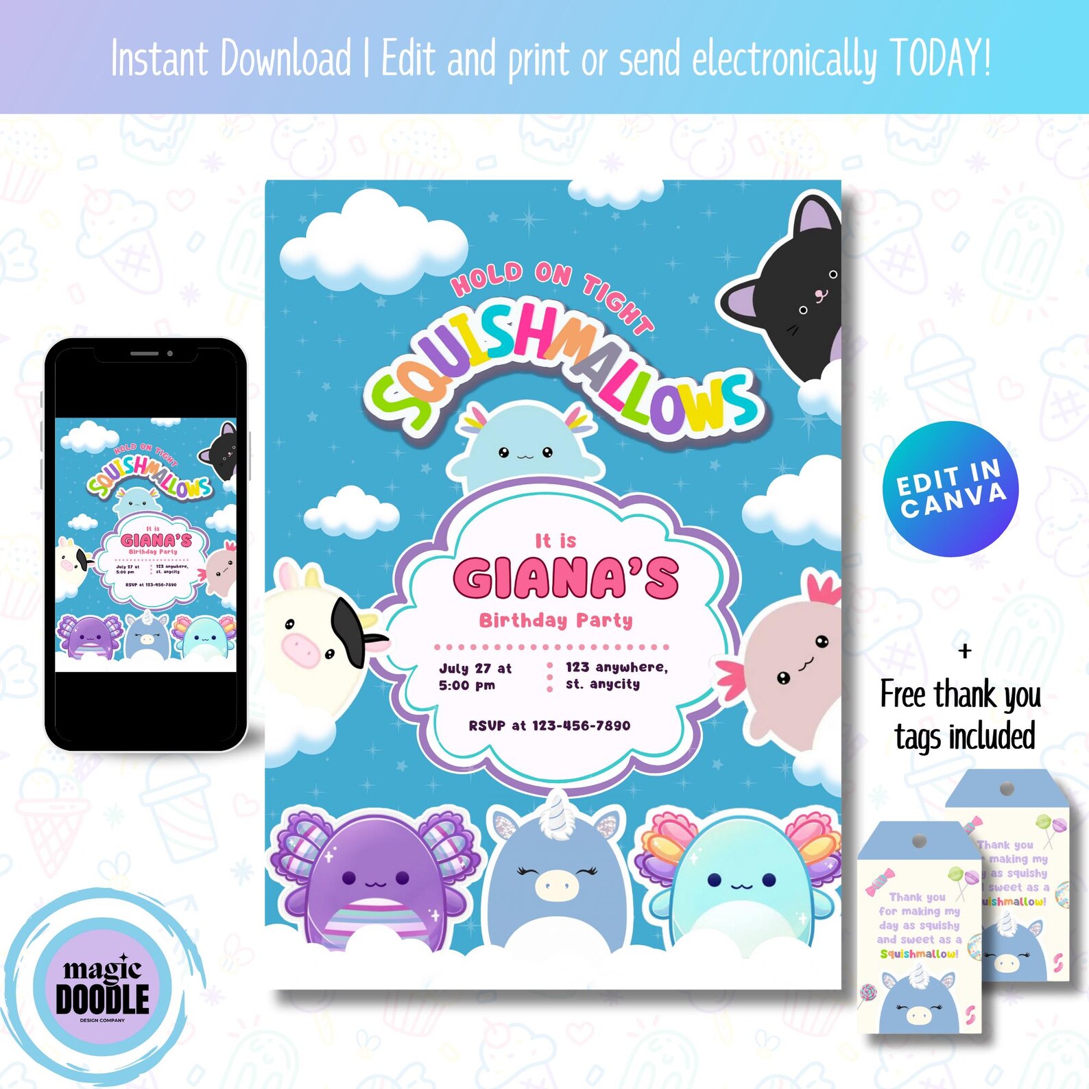 Squishmallow Themed Digital Birthday Invitation MEGA Bundle for Kids ...