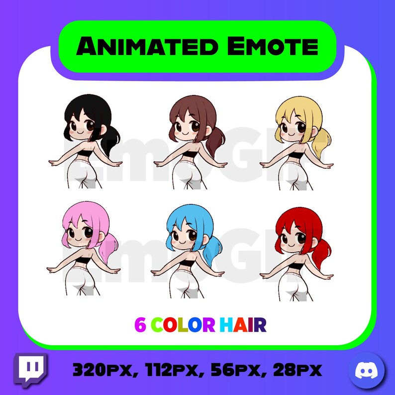 Animated Girl Emotes: 6 Color Hair, Shaking Dance - Twitch, Discord ...