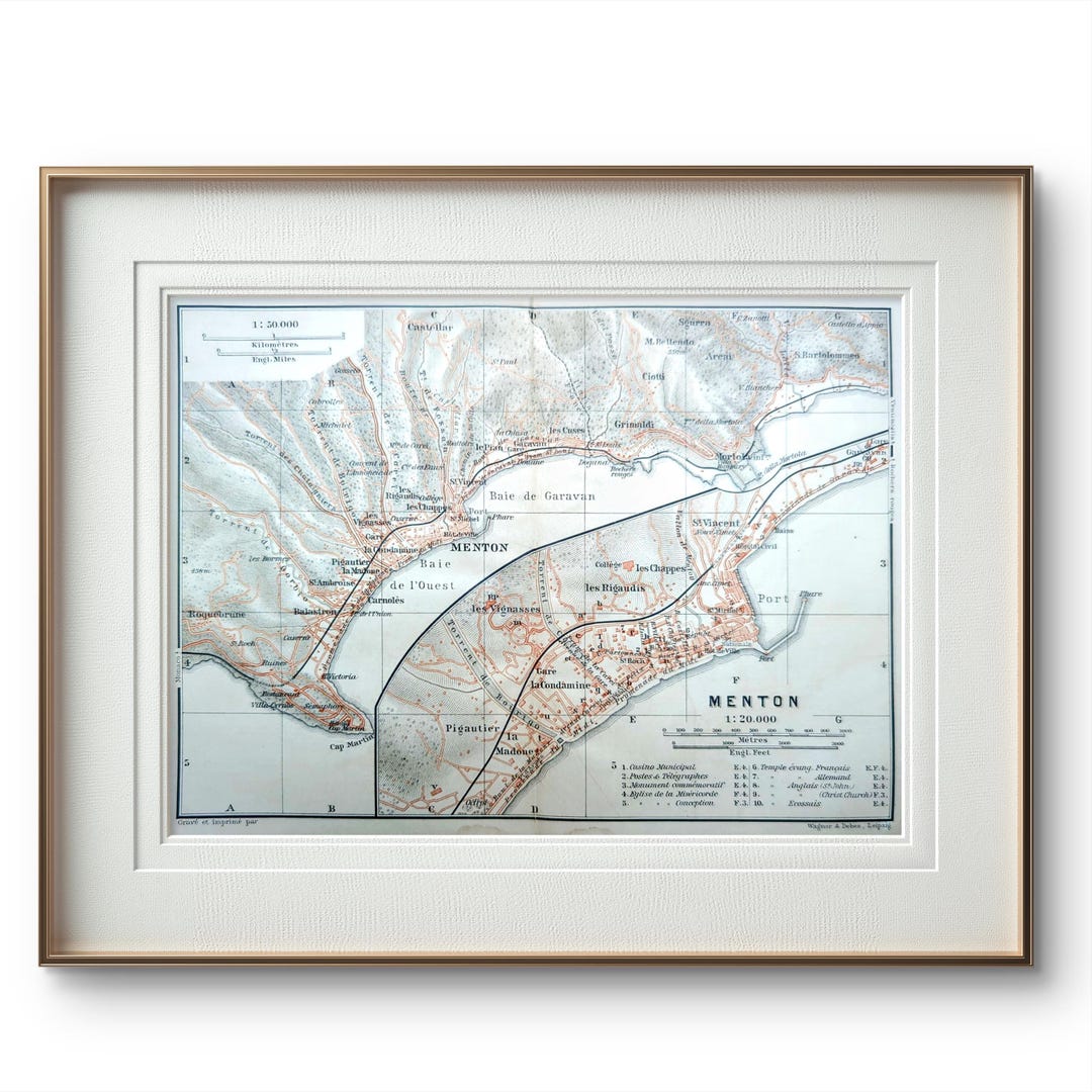 Printed in 1901, Menton Map, Authentic Vintage 21 X 15.5 Cm frame Not ...