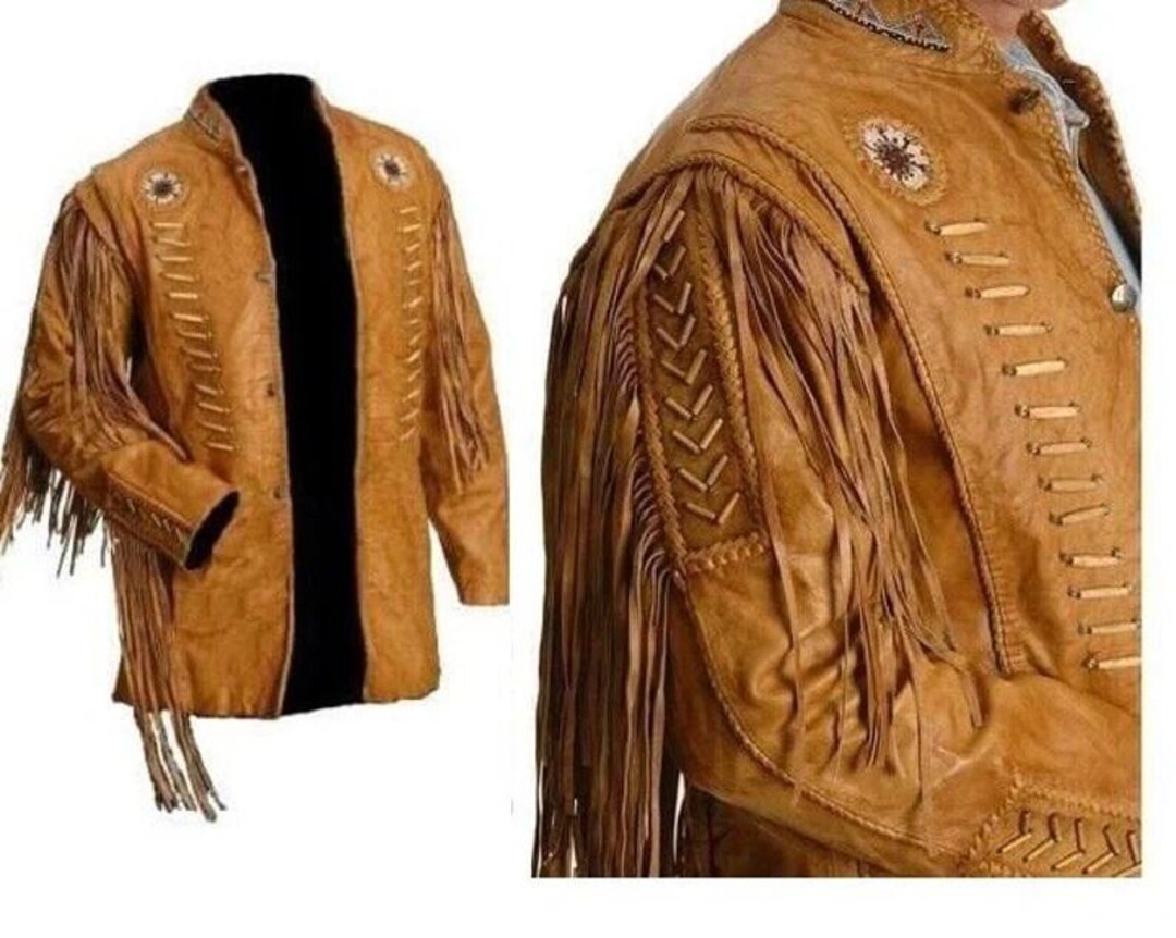 Men American Native Western Cowboy Real Leather Jacket Fringes & Beaded ...