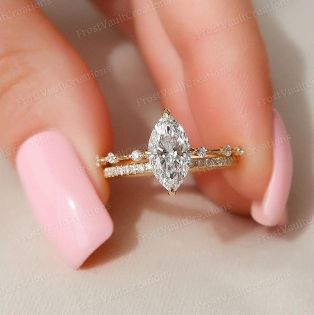 Moissanite Bridal Ring Set, Marquise Engagement Ring Set, Moissanite ...
