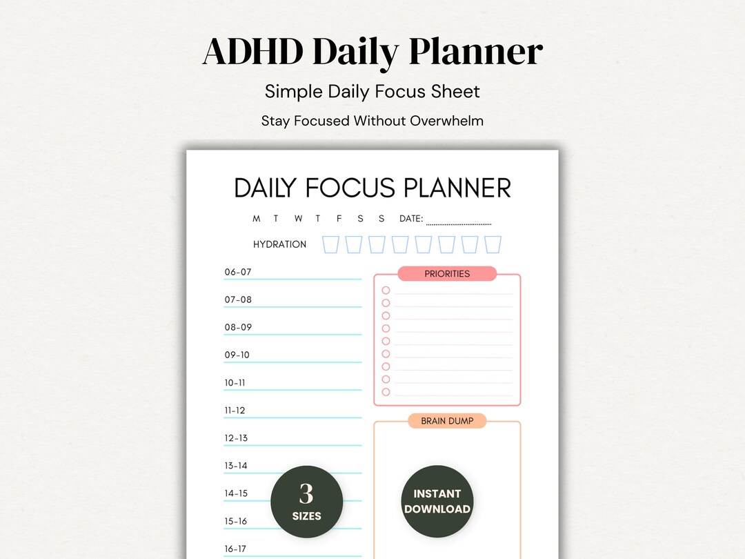 ADHD Daily Focus Planner Printable, Simple Daily Planner Sheet ...