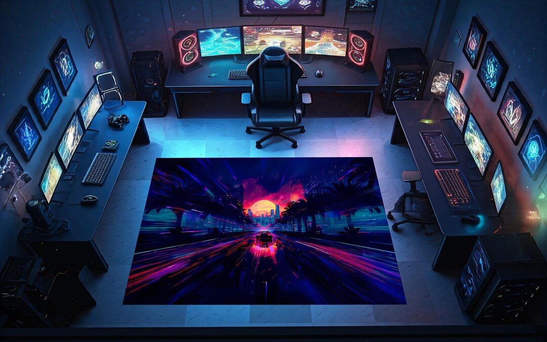 Retro Futuristic Rug, 80s Inspired Rug, Neon City Rug, Game Room Rug ...