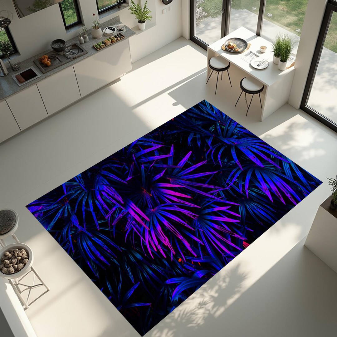 Fluorescent Rug, Neon Rug, Tropical Pattern, Leaf Patterned Rug, Navy ...