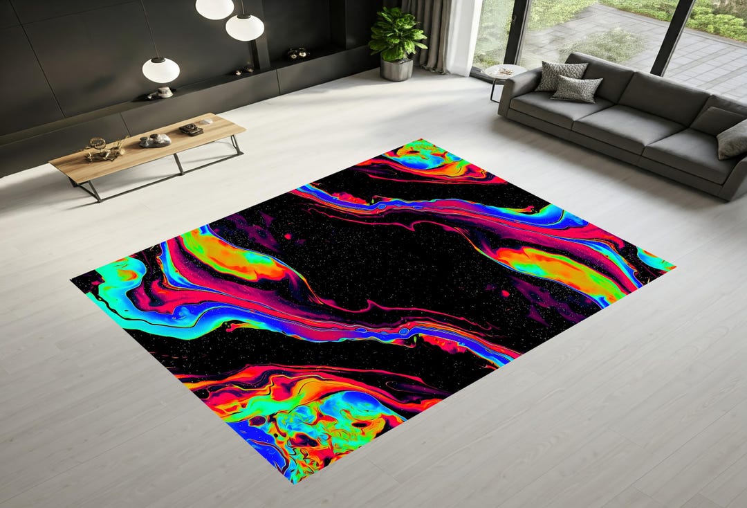 Neon Colors Rug, Fluid Paint Rug, Black Floor Rug, Original Design Rug ...