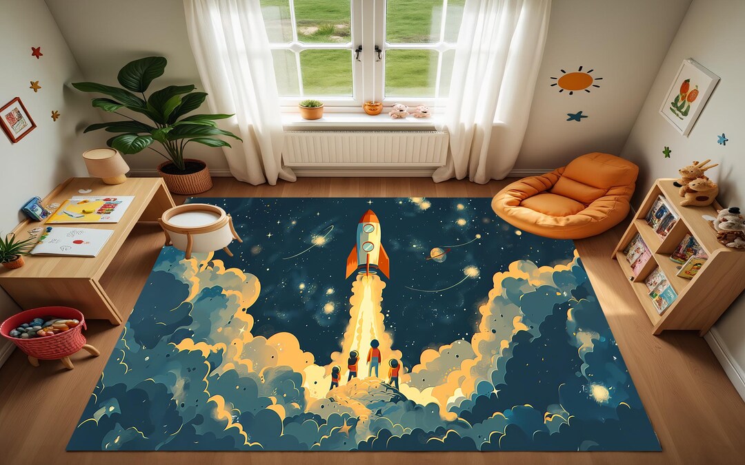 Rocket Rug, Space Themed Rug, Star Rug, Astronaut Rug, Children's Room ...
