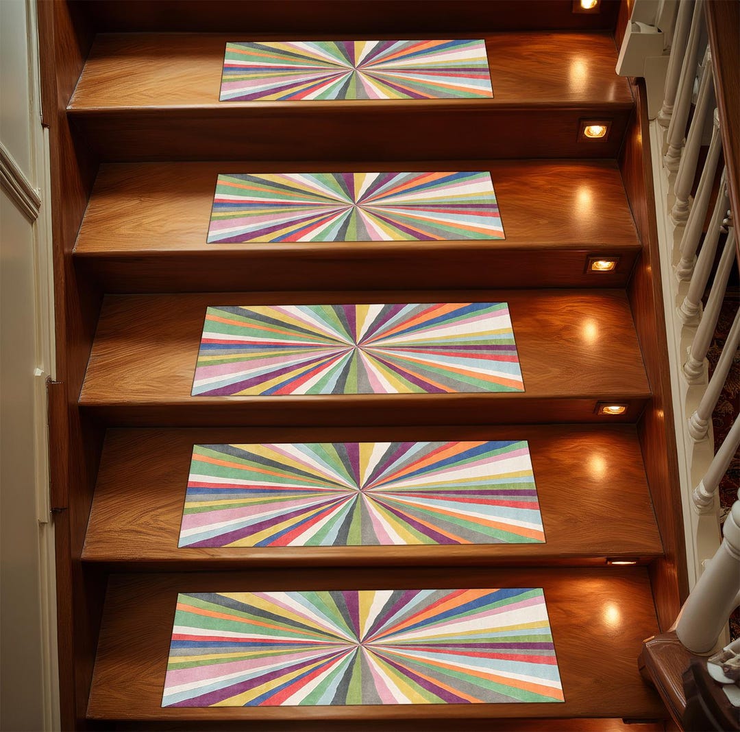 Sun Ray Patterned Stair Rug, Colorful Striped Stair Rug, Abstract Stair ...