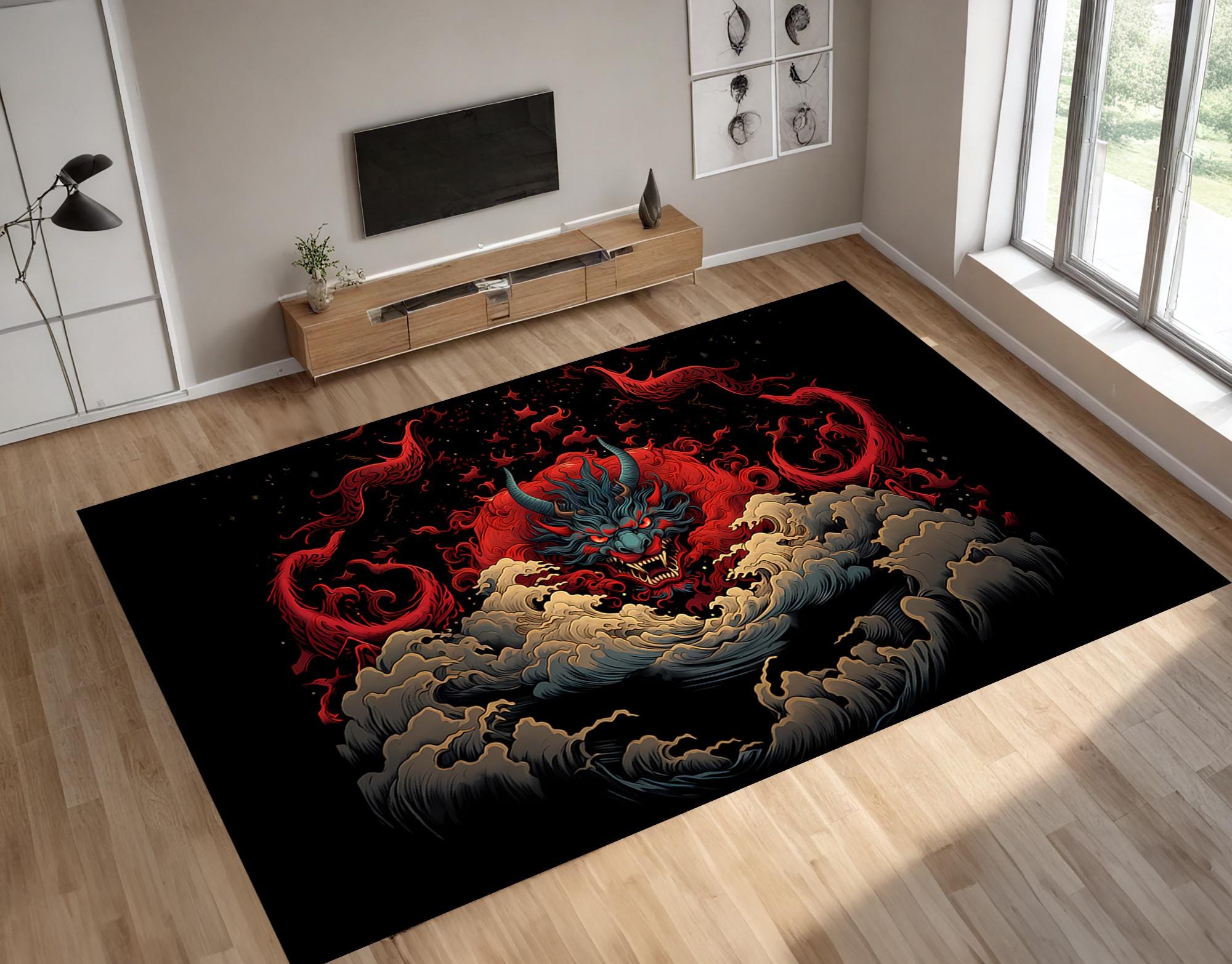 Dragon Rug, Eastern Mythology Rug, Japanese Motif Rug, Red Rug ...
