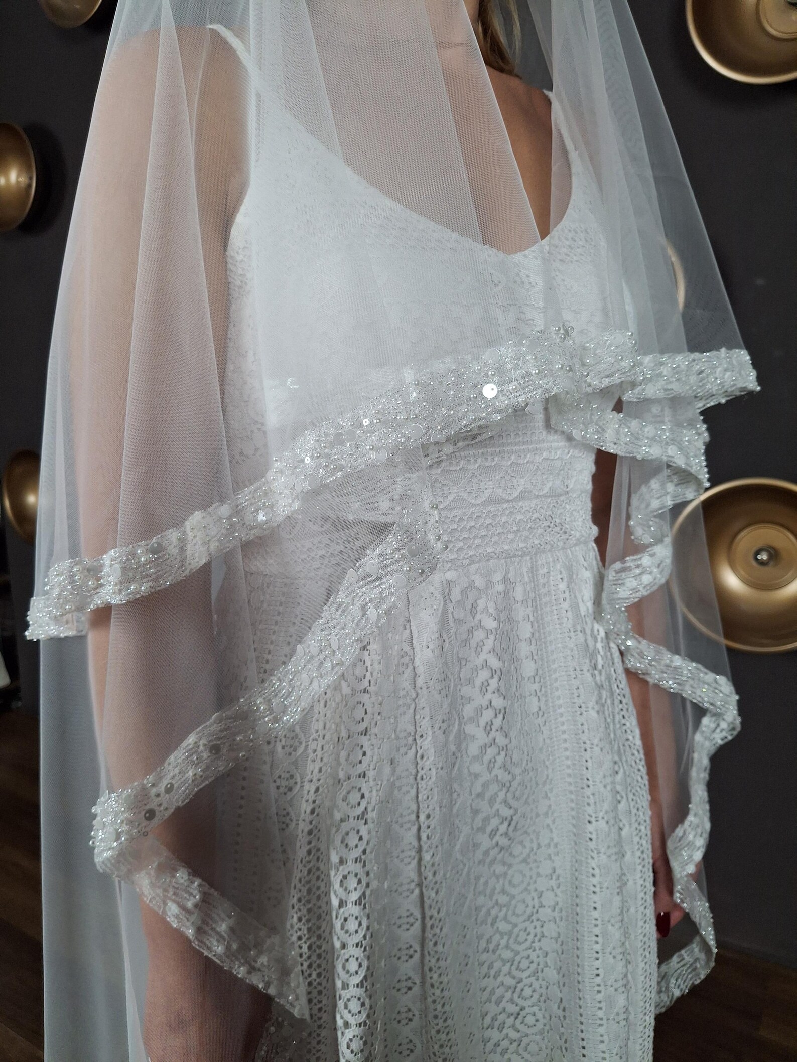 Sparkly Wedding Two-tier Ribbon Sequin Veil Cascading Sheer Veil Two ...