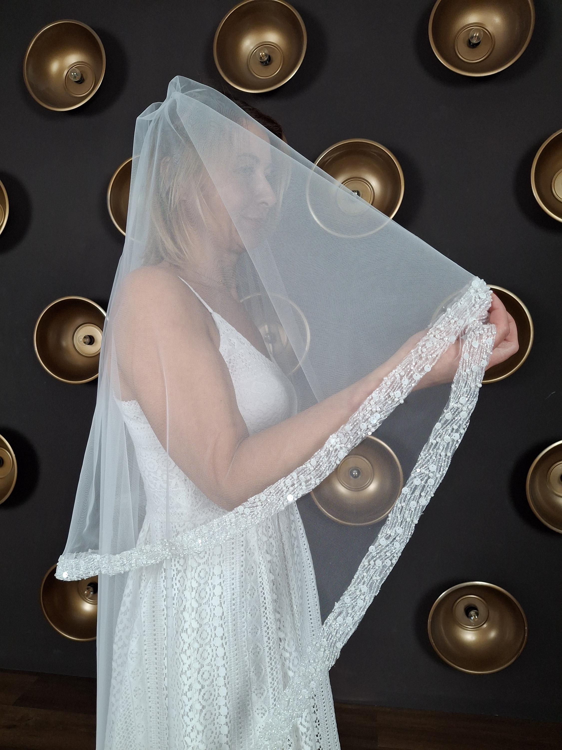 Sparkly Wedding Two-tier Ribbon Sequin Veil Cascading Sheer Veil Two ...