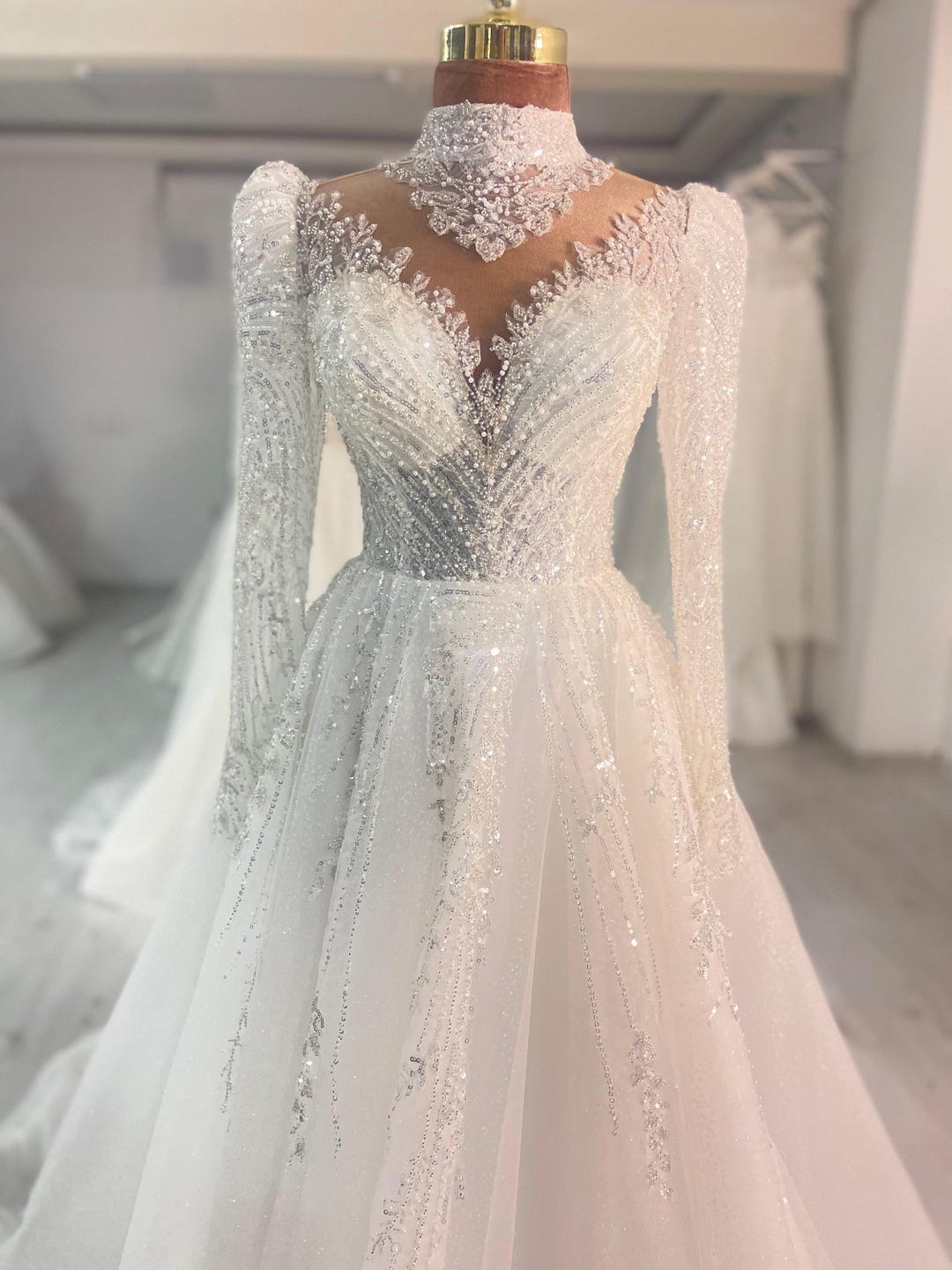 Sparkly High Neck Wedding Dress, Beaded Lace Bridal Gown Back Detailed ...