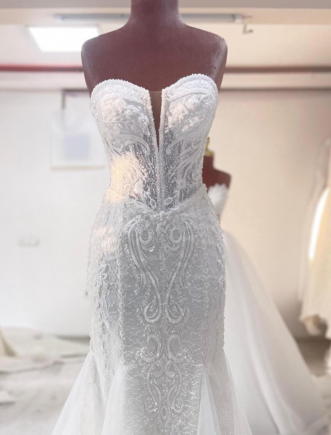 Strapless Lace Mermaid Wedding Dress Corset Bridal Gown Beaded