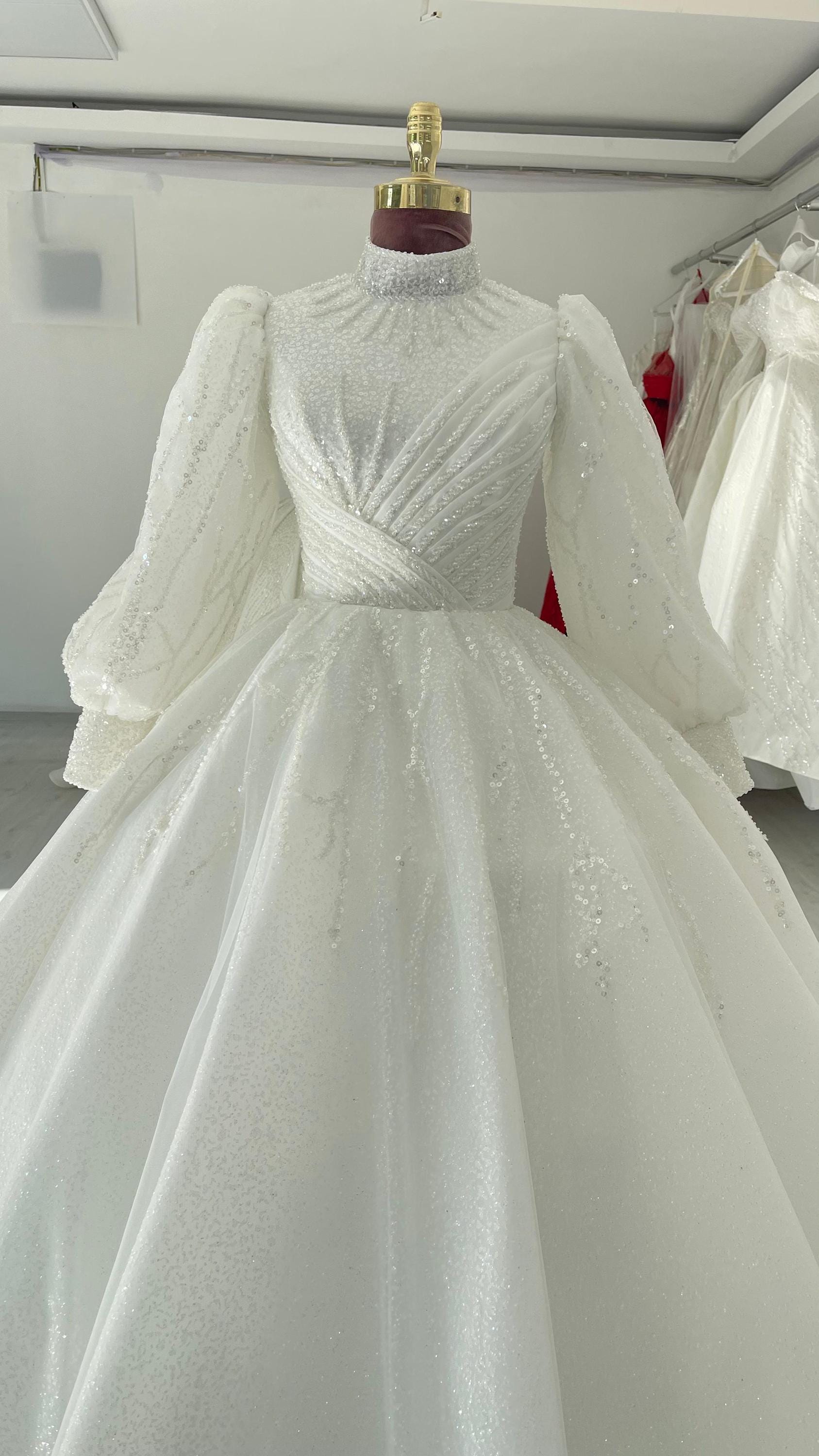 Luxury Fairytale Long Sleeve Bridal Gown, Sparkly Sequin Dress, White ...