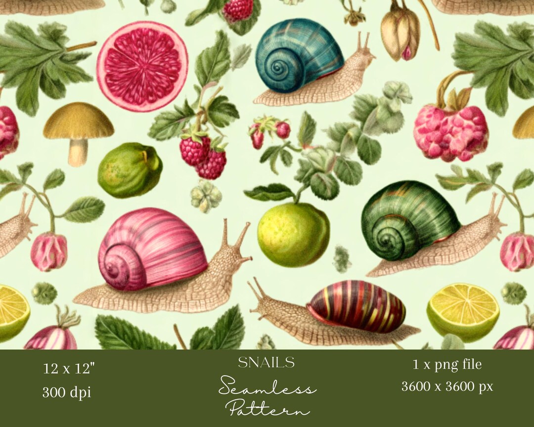 1 X Colourful Snails & Fruit Seamless Pattern Whimsical Nature Digital ...