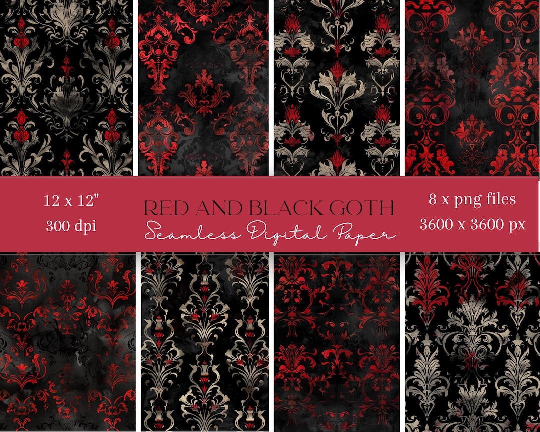 8 X Red and Black Goth Seamless Digital Pattern Paper, Black and Red ...