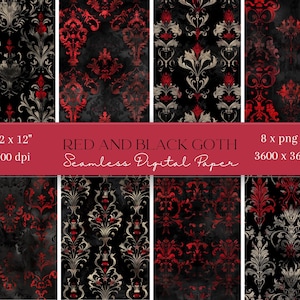8 X Red and Black Goth Seamless Digital Pattern Paper, Black and Red ...