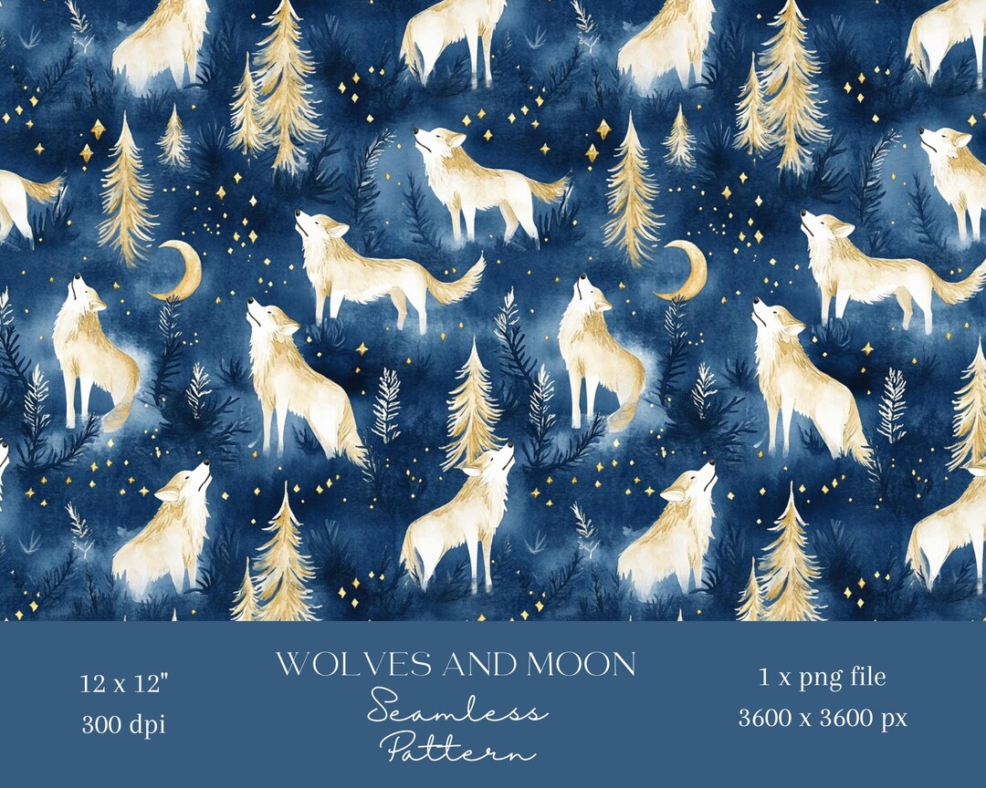 1x Wolves and Moon Digital Paper, Fabric Seamless Pattern Scrapbooking ...