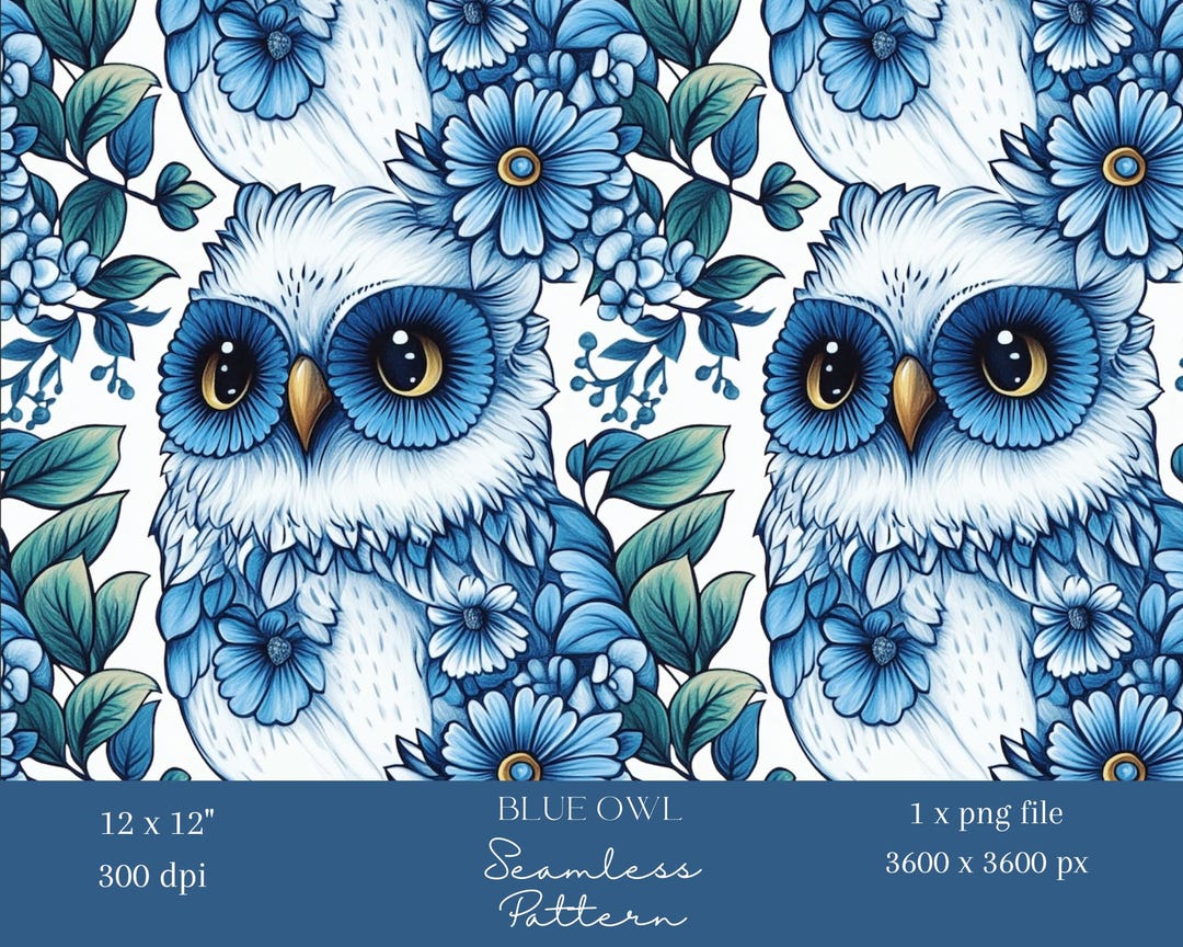 1x Blue and White Owl Digital Paper Fabric Night Bird Seamless Pattern ...