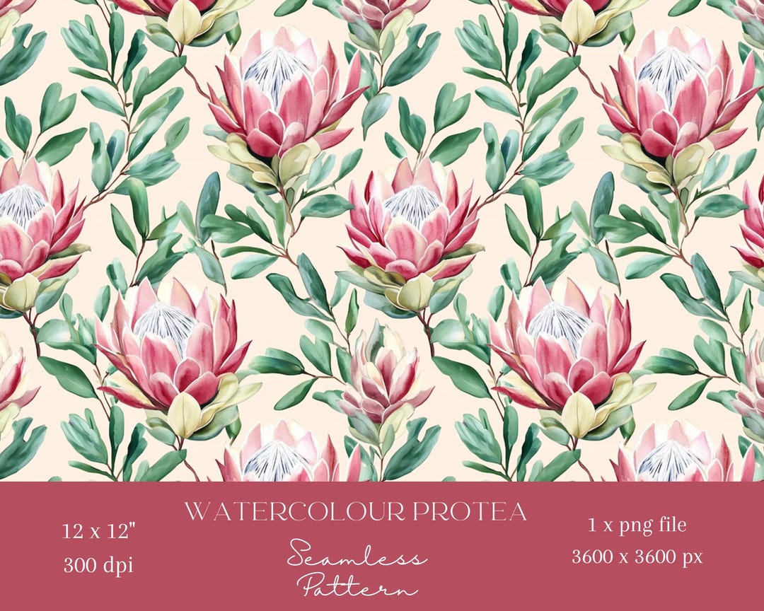 1x Watercolour Protea, Digital Paper Fabric Seamless Pattern ...