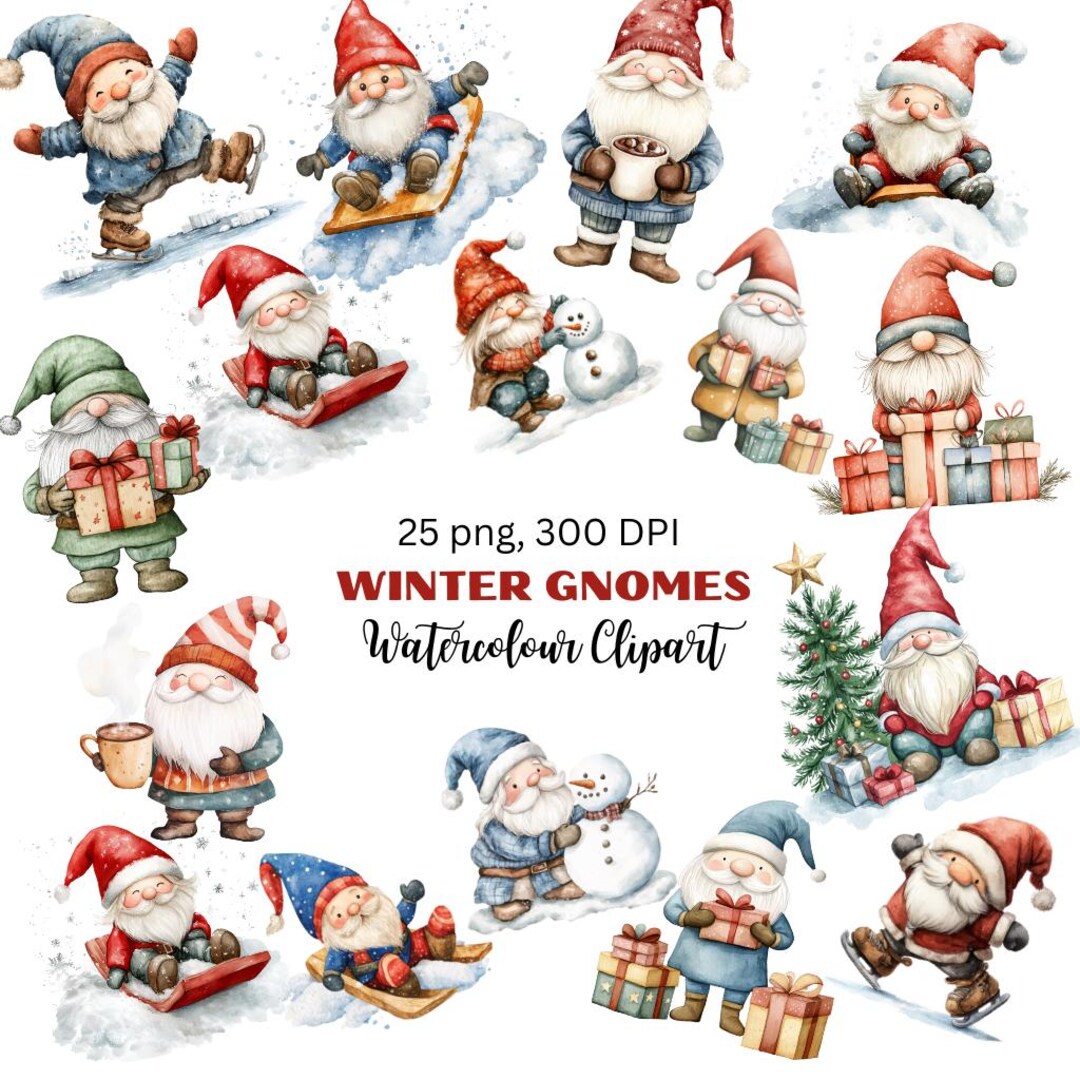 25x Winter Gnomes Clipart Set, Printable Watercolour Pngs, Christmas ...