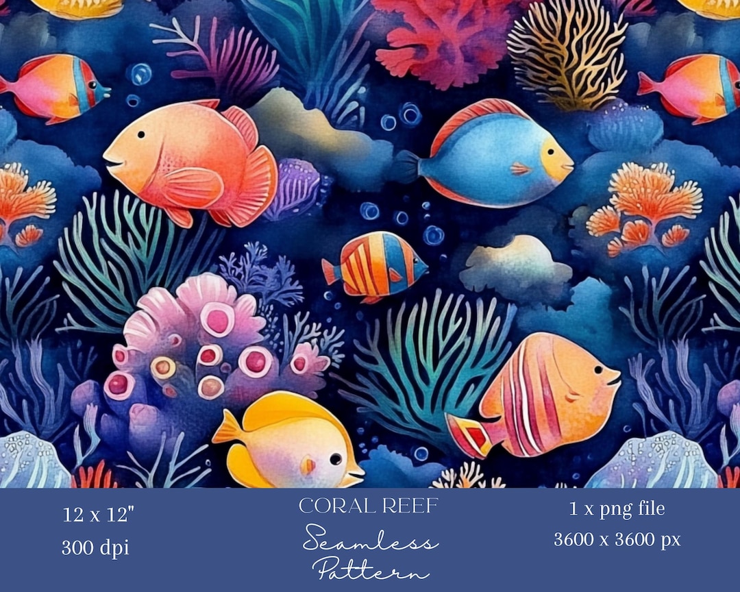 1x Coral Reef Fish Digital Paper Sea Life Fabric Blue Seamless Pattern ...
