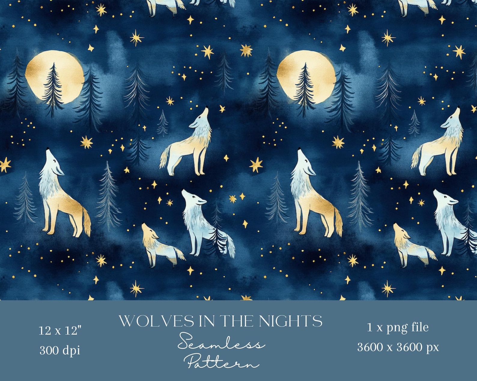 1x Wolves in the Night Digital Paper, Fabric Seamless Pattern ...