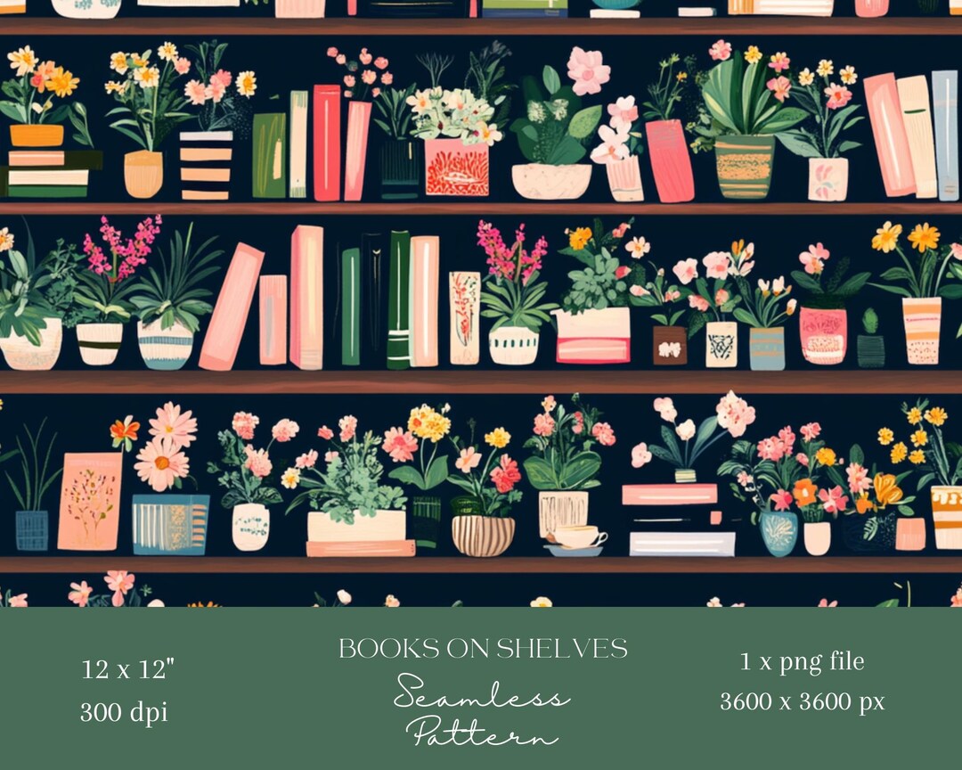 1x Books on Shelves Digital Paper Fabric Seamless Pattern Scrapbooking ...